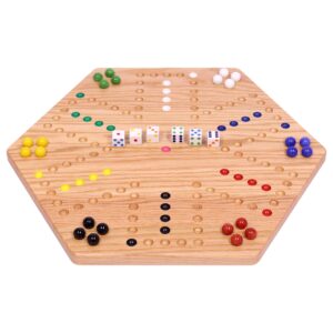 amishtoybox.com wahoo marble game board set - 16" wide - solid oak wood - double-sided - with 16mm marbles and dice included