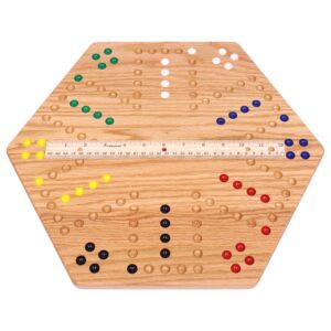 AmishToyBox.com Wahoo Marble Game Board Set - 16" Wide - Solid Oak Wood - Double-Sided - with 16mm Marbles and Dice Included