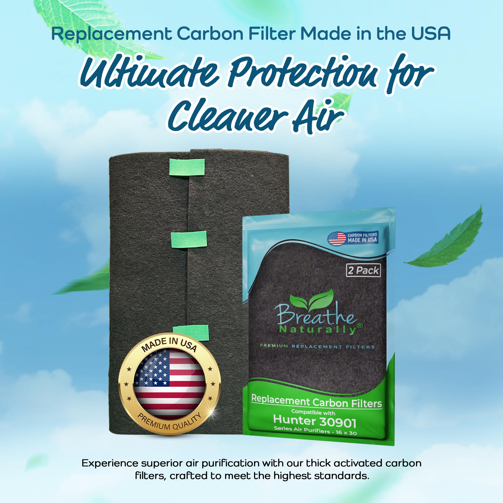 Breathe Naturally Replacement Carbon Pre-Filters Compatible with Hunter 30901, HEPAtech and QuietFlo Air Purifier - Activated Charcoal Filter Sheet - 16" x 30"x 0.2" (Pack of 2, Carbon Prefilters)