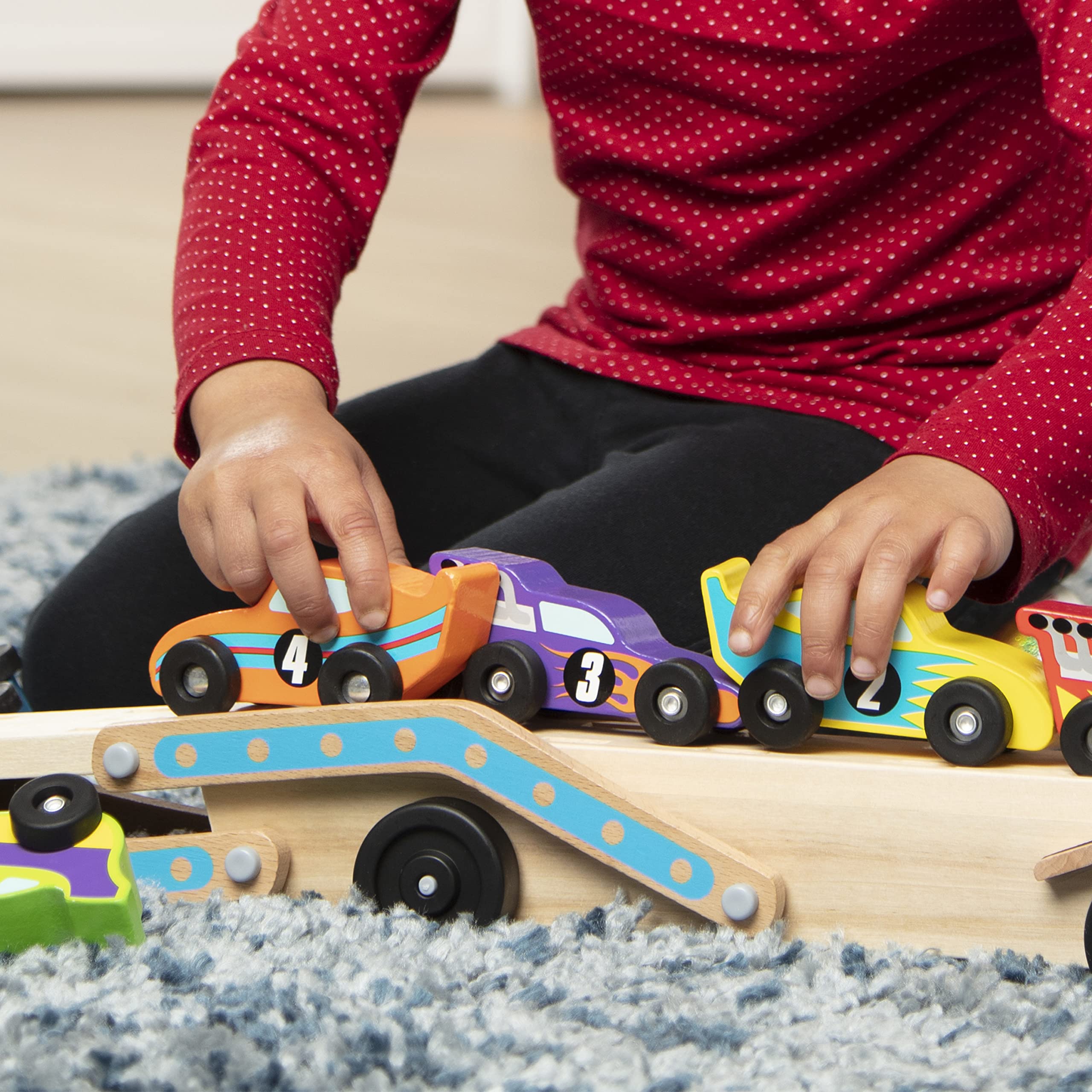 Melissa & Doug Mega Race-Car Carrier - Wooden Tractor and Trailer With 6 Unique Race Cars