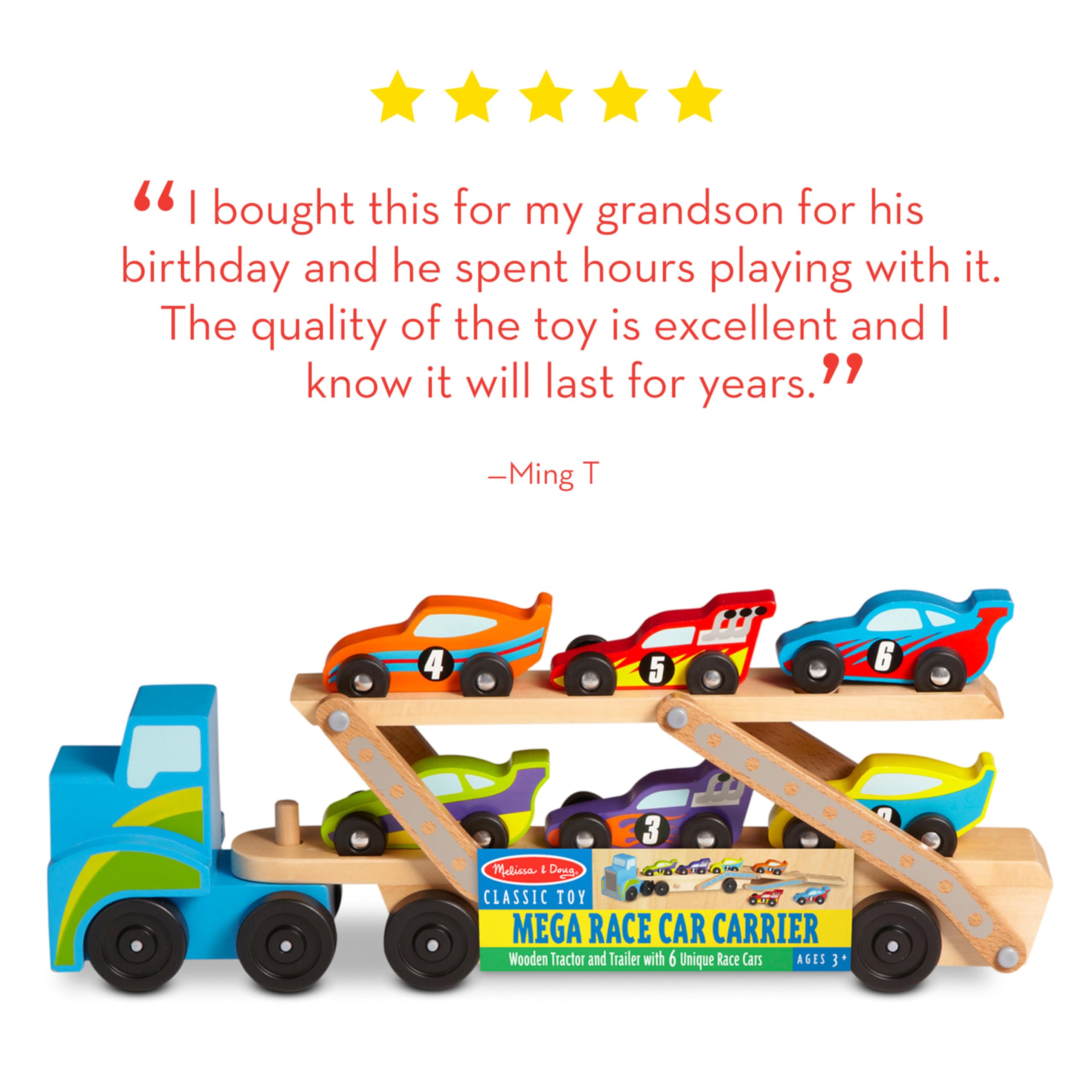 Melissa & Doug Mega Race-Car Carrier - Wooden Tractor and Trailer With 6 Unique Race Cars