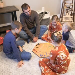 AmishToyBox.com Wahoo Marble Game Board Set - 16" Wide - Solid Oak Wood - Double-Sided - with 16mm Marbles and Dice Included