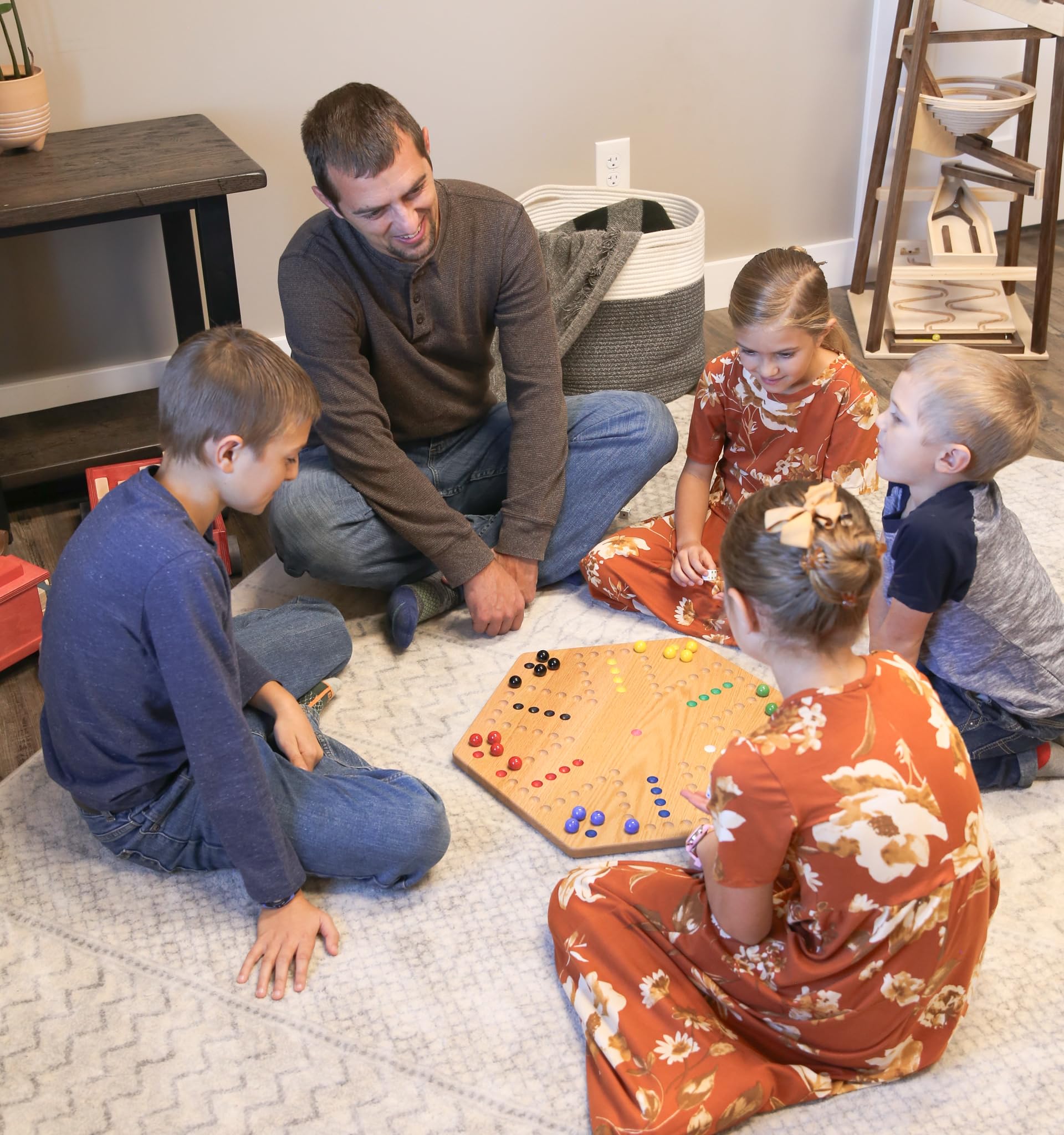 AmishToyBox.com Wahoo Marble Game Board Set - 16" Wide - Solid Oak Wood - Double-Sided - with 16mm Marbles and Dice Included