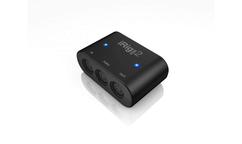 IK Multimedia iRig MIDI 2 universal MIDI interface with In, Out, and THRU ports, activity indicators for iPhone, iPad, Android, Mac, PC