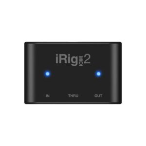 IK Multimedia iRig MIDI 2 universal MIDI interface with In, Out, and THRU ports, activity indicators for iPhone, iPad, Android, Mac, PC