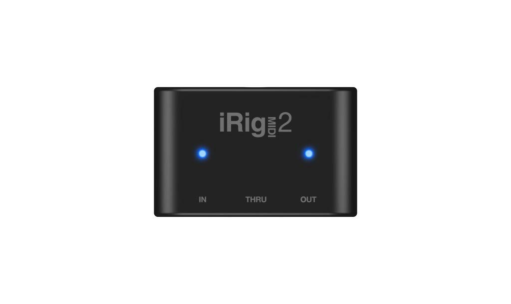 IK Multimedia iRig MIDI 2 universal MIDI interface with In, Out, and THRU ports, activity indicators for iPhone, iPad, Android, Mac, PC