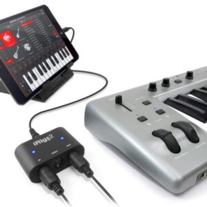 IK Multimedia iRig MIDI 2 universal MIDI interface with In, Out, and THRU ports, activity indicators for iPhone, iPad, Android, Mac, PC