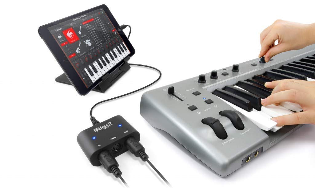 IK Multimedia iRig MIDI 2 universal MIDI interface with In, Out, and THRU ports, activity indicators for iPhone, iPad, Android, Mac, PC