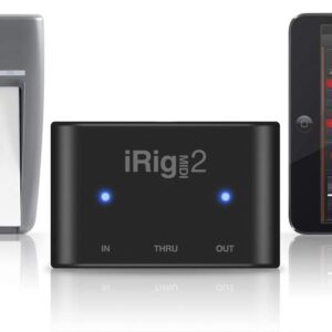 IK Multimedia iRig MIDI 2 universal MIDI interface with In, Out, and THRU ports, activity indicators for iPhone, iPad, Android, Mac, PC