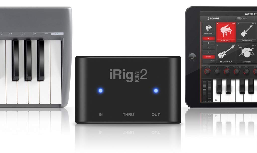 IK Multimedia iRig MIDI 2 universal MIDI interface with In, Out, and THRU ports, activity indicators for iPhone, iPad, Android, Mac, PC