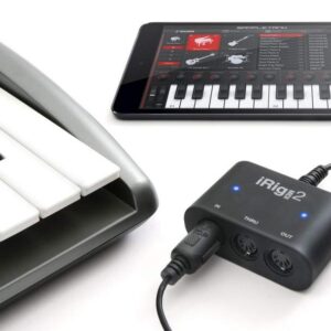 IK Multimedia iRig MIDI 2 universal MIDI interface with In, Out, and THRU ports, activity indicators for iPhone, iPad, Android, Mac, PC