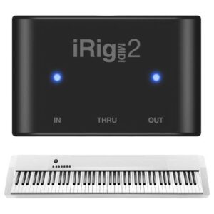 IK Multimedia iRig MIDI 2 universal MIDI interface with In, Out, and THRU ports, activity indicators for iPhone, iPad, Android, Mac, PC