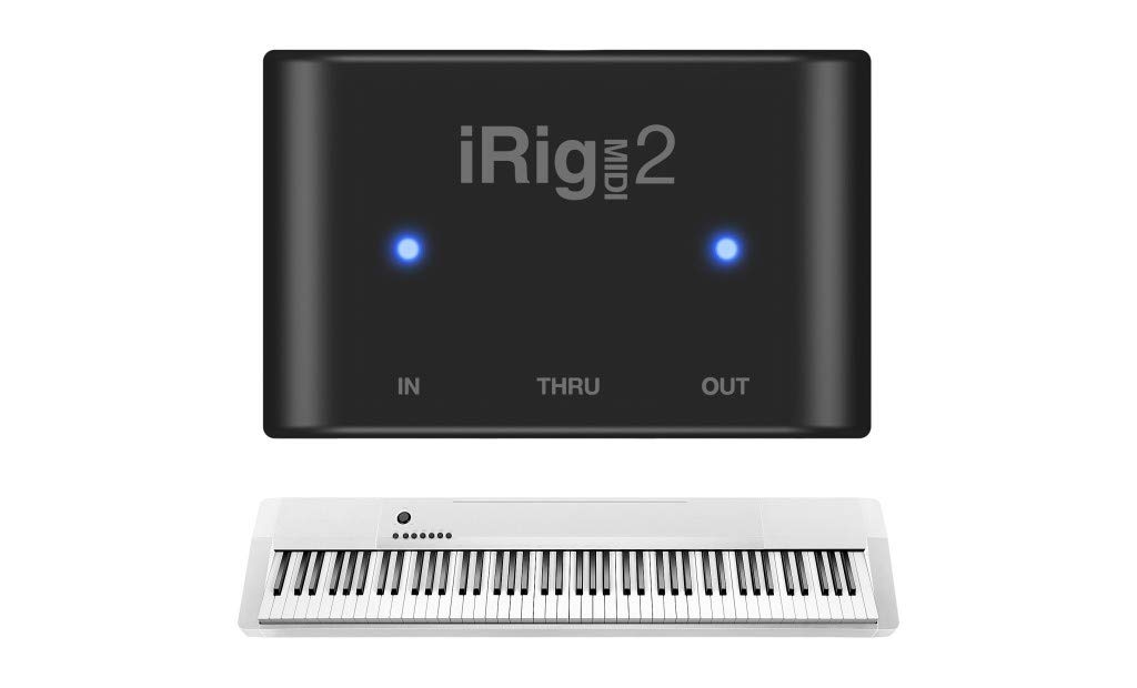 IK Multimedia iRig MIDI 2 universal MIDI interface with In, Out, and THRU ports, activity indicators for iPhone, iPad, Android, Mac, PC