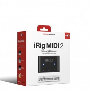 IK Multimedia iRig MIDI 2 universal MIDI interface with In, Out, and THRU ports, activity indicators for iPhone, iPad, Android, Mac, PC