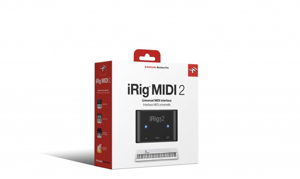 IK Multimedia iRig MIDI 2 universal MIDI interface with In, Out, and THRU ports, activity indicators for iPhone, iPad, Android, Mac, PC