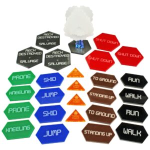 litko mecha combat token set compatible with battletech classic, multi-color | core breach | torso twist | shut down | destroyed