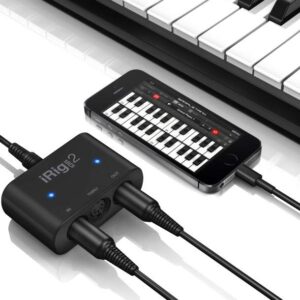 IK Multimedia iRig MIDI 2 universal MIDI interface with In, Out, and THRU ports, activity indicators for iPhone, iPad, Android, Mac, PC