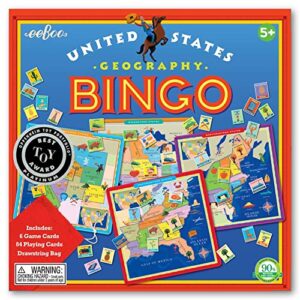 eeBoo: United States Geography Bingo Game, for 2 to 6 Players, Includes 6 Game Cards, 84 Playing Cards, & Drawstring Bag, for Ages 5 and up