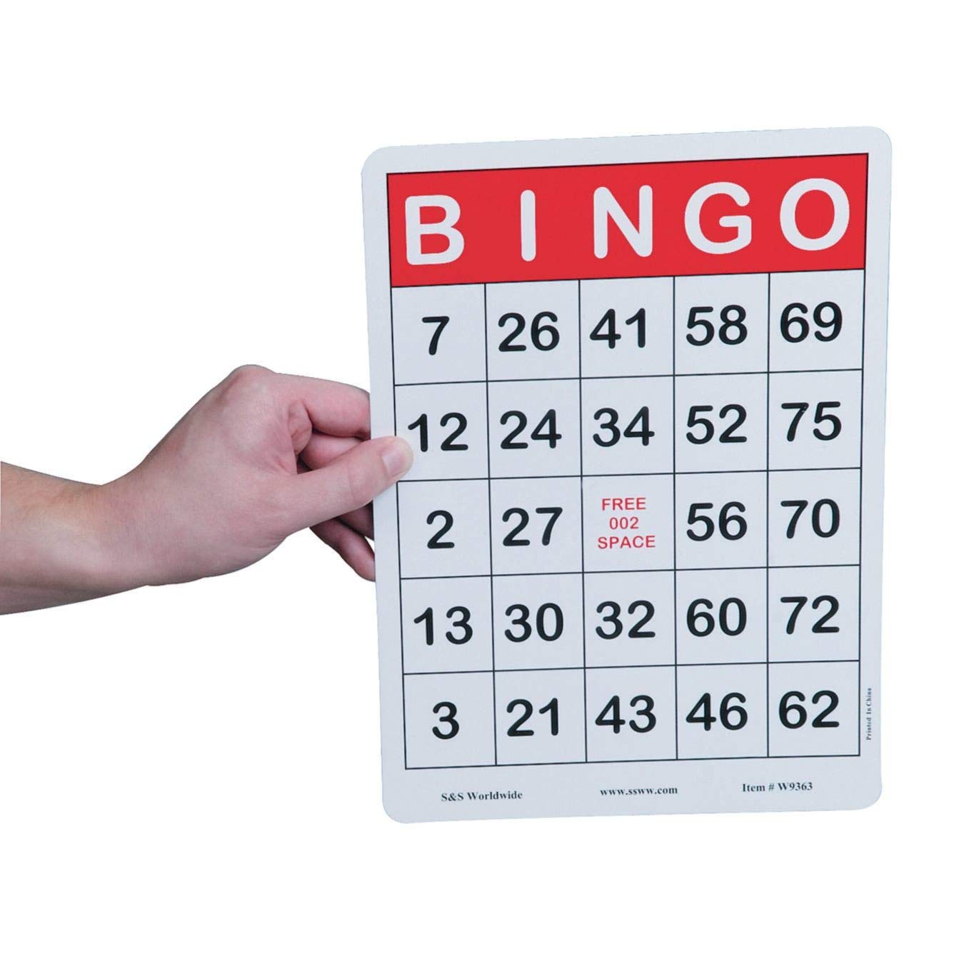 S&S Worldwide Jumbo Bingo Cards. Easy to Read Cards with Large 5/8" H Numbers. 8-1/4" x 11-1/4" Cards are Coated to be Spill Resistant. Pack of 100.