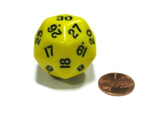 koplow games triantakohedron d30 30 sided 33mm jumbo rpg gaming dice - yellow w black number