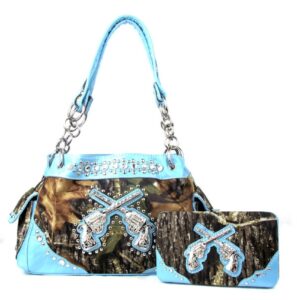 western handbag camouflage gun pistol pocket camo rhinestone purse with matching wallet (blue)