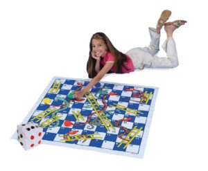 s&s worldwide jumbo snakes & ladders game with 40" x 40" vinyl game board oversized game tokens and inflatable dice.