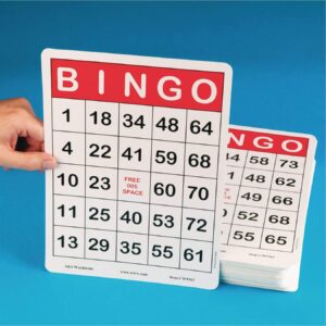 S&S Worldwide Jumbo Bingo Cards. Easy to Read Cards with Large 5/8" H Numbers. 8-1/4" x 11-1/4" Cards are Coated to be Spill Resistant. Pack of 100.