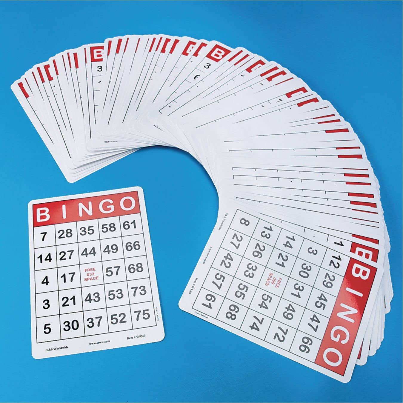 S&S Worldwide Jumbo Bingo Cards. Easy to Read Cards with Large 5/8" H Numbers. 8-1/4" x 11-1/4" Cards are Coated to be Spill Resistant. Pack of 100.