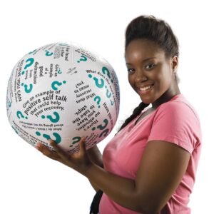 s&s worldwide toss 'n talk-about addiction ball. inflatable beachball style ball has a 24" flat diameter. great conversation starter for groups and one on one sessions.