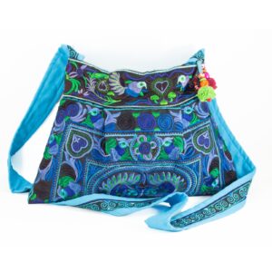 changnoi handmade crossbody bag, hmong tribes embroidered sling bag (bird blue)