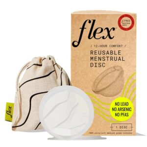 flex reusable disc | reusable menstrual disc | tampon, pad, and cup alternative | capacity of 6 super tampons | lasts for years | includes carrying pouch & 2 free disposable discs