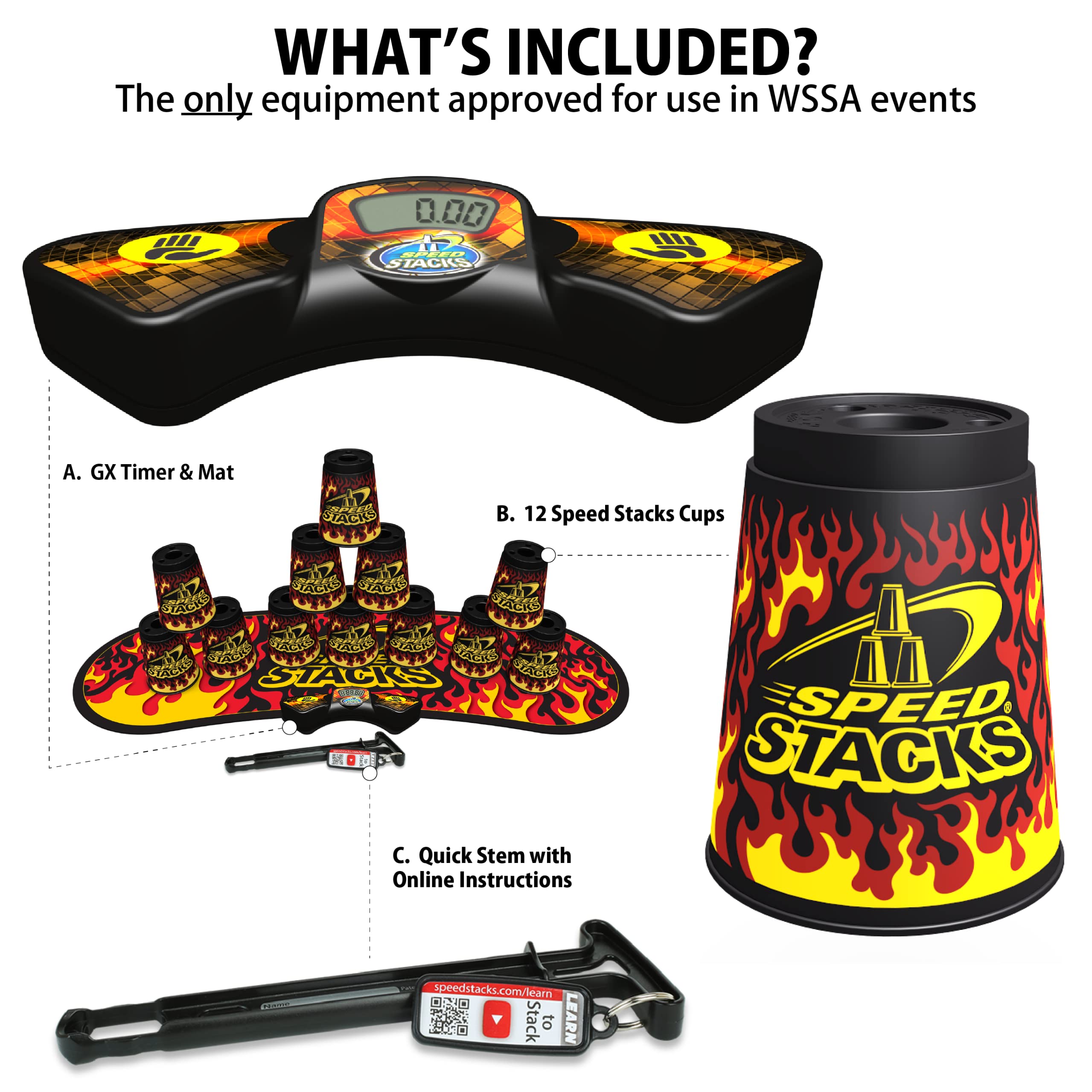 Speed Stacks Competitor - Black Flame | 12 Cups, Holding stem with GX Timer and Mat | Sport Stacking