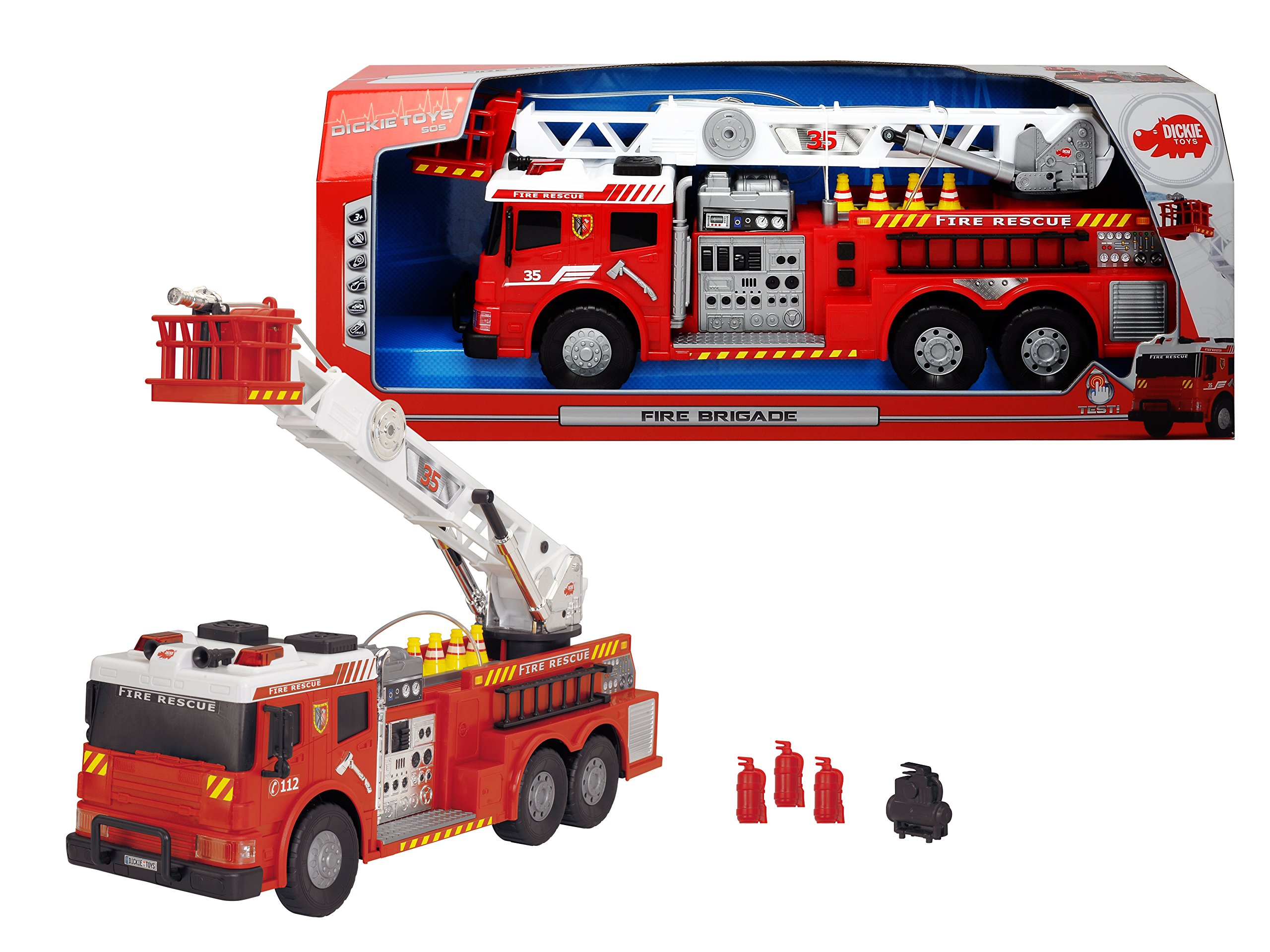 DICKIE TOYS: 24" Light and Sound Fire Brigade Vehicle (with Working Pump), Ladder Rotates by 350 Degrees, Battery Powered, for Ages 3 and up