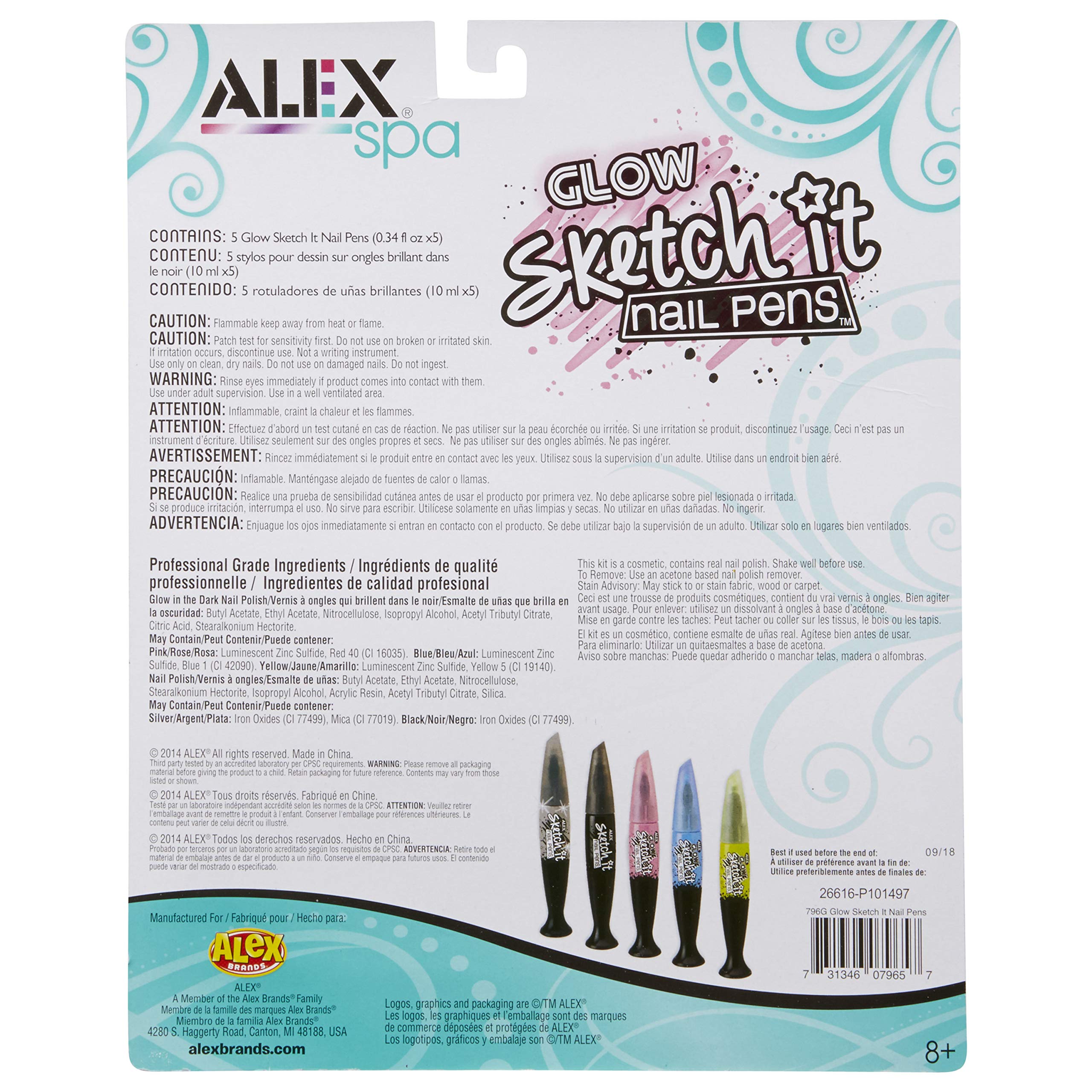 Alex Spa Glow Sketch It Nail Pens Girls Fashion Activity, Nail Designs that Can Glow in the Dark, Create Long Lasting Looks with Beautiful Nail Polish , For Ages 8 and up