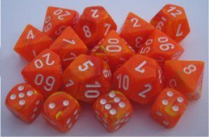 Chessex Dice Sets: Vortex Solar Orange Marble with White - Ten Sided Die d10 Set (10)