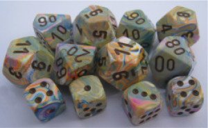 Chessex Dice Sets: Festive Vibrant Swirl with Brown Pips - Ten Sided Die d10 Set (10)