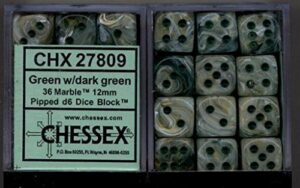 chessex dice d6 sets: marble green swirl with dark green pips - 12mm six sided die (36) block of dice