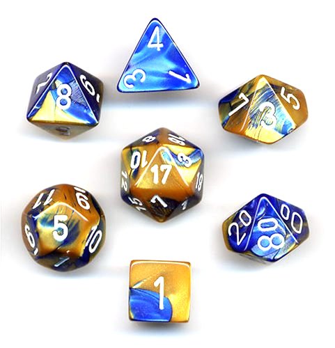 Chessex Polyhedral 7-Die Gemini Dice Set - Blue & Gold w/White (d4, d6, d8, d10, d12, d20 & d00) CHX-26422