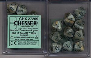 chessex dice sets: marble green multi-color swirl with dark green pips - ten sided die d10 set (10)