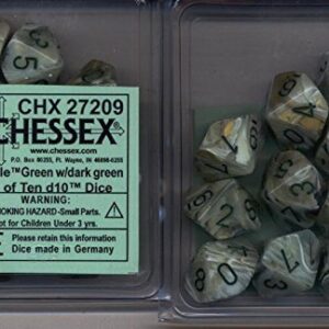 Chessex Dice Sets: Marble Green Multi-Color Swirl with Dark Green Pips - Ten Sided Die d10 Set (10)