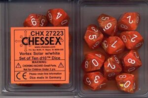 chessex dice sets: vortex solar orange marble with white - ten sided die d10 set (10)