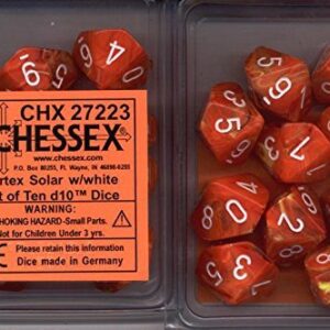 Chessex Dice Sets: Vortex Solar Orange Marble with White - Ten Sided Die d10 Set (10)