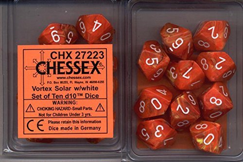 Chessex Dice Sets: Vortex Solar Orange Marble with White - Ten Sided Die d10 Set (10)