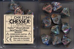 chessex dice sets: festive vibrant swirl with brown pips - ten sided die d10 set (10)