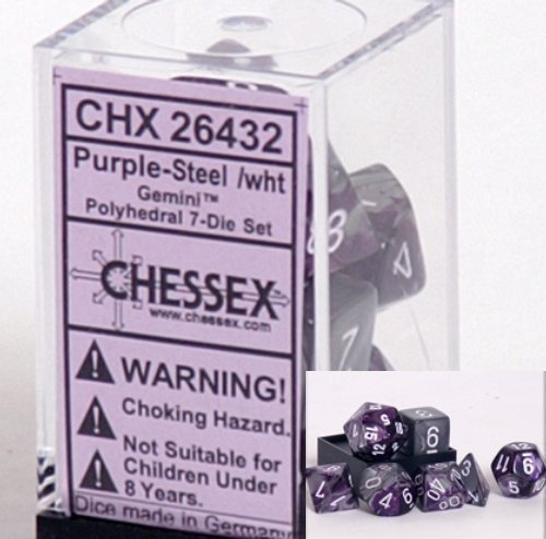 Chessex Polyhedral 7-Die Gemini Dice Set - Purple-Steel with White CHX-26432