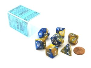 chessex polyhedral 7-die gemini dice set - blue & gold w/white (d4, d6, d8, d10, d12, d20 & d00) chx-26422