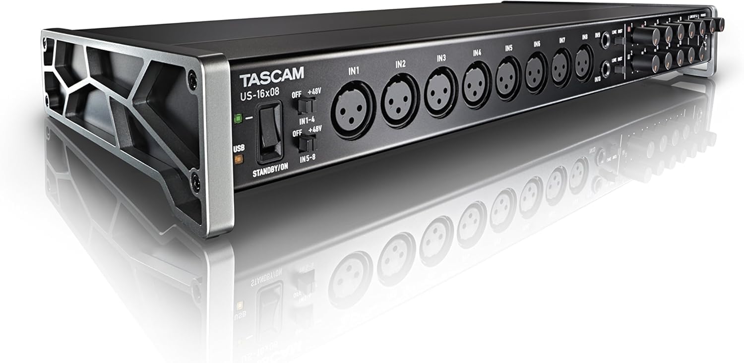 Tascam US-16x08 Rackmount USB Audio/MIDI Interface for Recording, Drum Recording, 8 XLR/8 1/4" Inputs, 8 Outputs, Control Software,Black