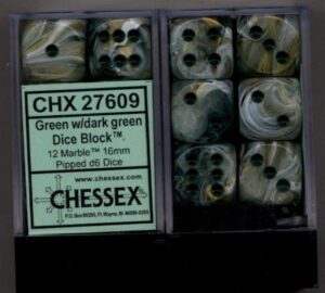 chessex dice d6 sets: marble green swirl with dark green pips - 16mm six sided die (12) block of dice