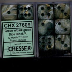 Chessex Dice d6 Sets: Marble Green Swirl with Dark Green Pips - 16mm Six Sided Die (12) Block of Dice