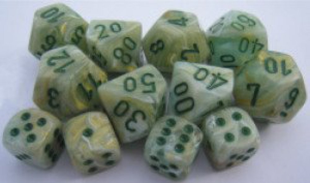 Chessex Dice d6 Sets: Marble Green Swirl with Dark Green Pips - 16mm Six Sided Die (12) Block of Dice